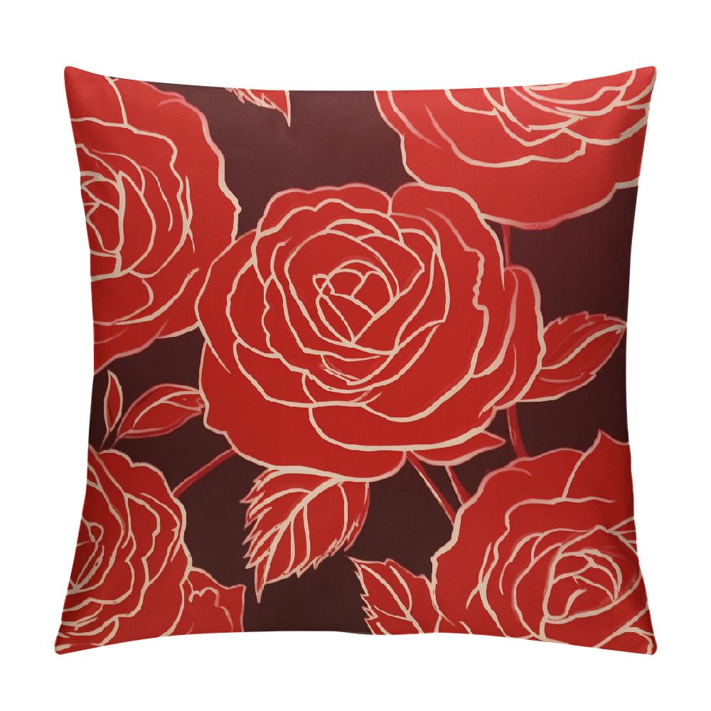 Nawypu Red Rose Pillow Cover, Romantic Art Line Drawing Flower Petals ...