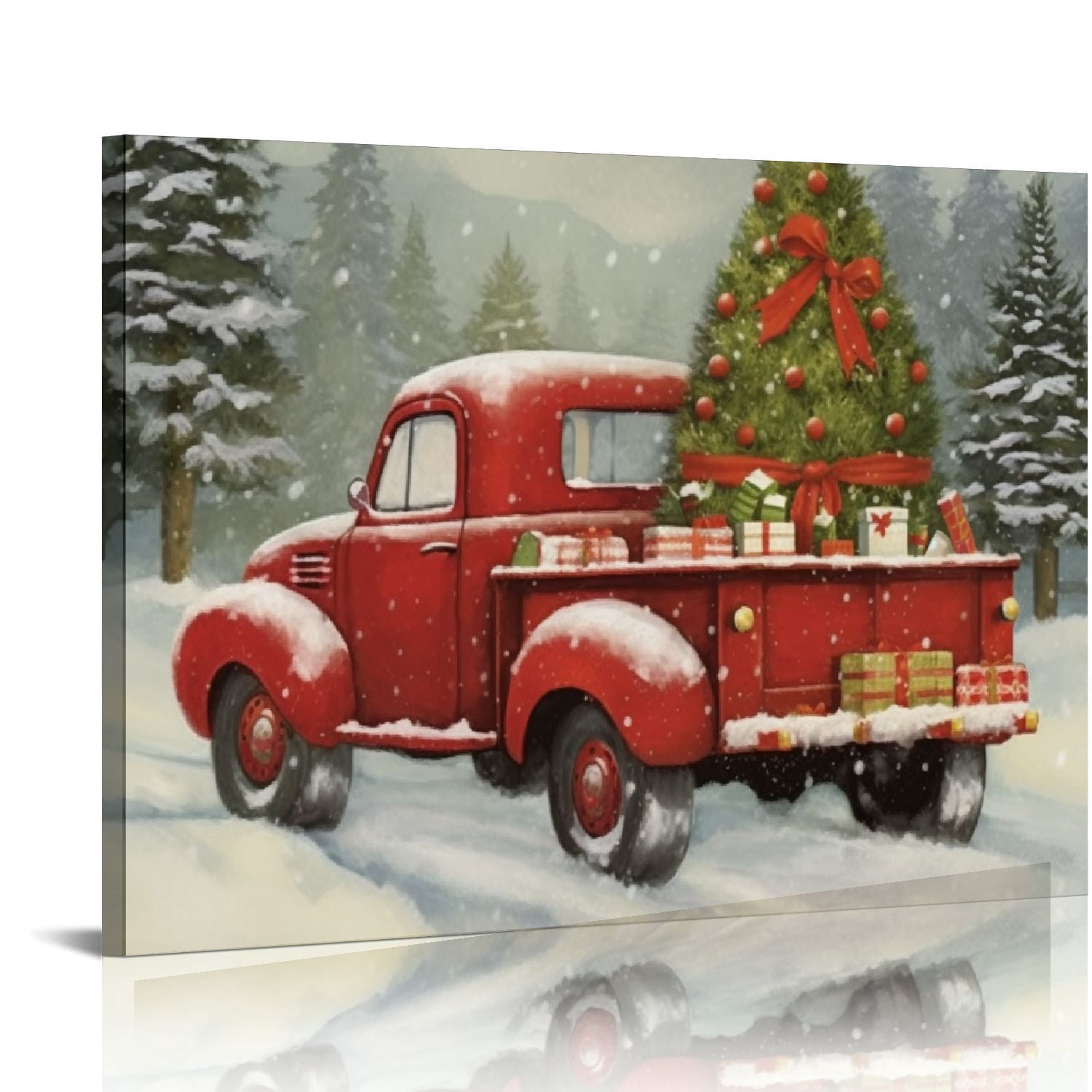 Nawypu Red Truck Canvas Wall Art - Christmas Tree and Old-Fashioned Red ...