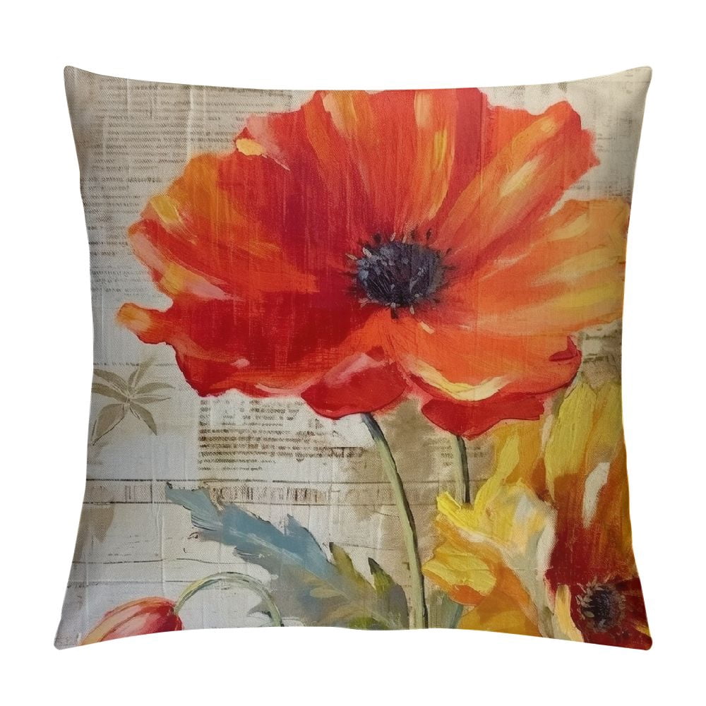 Nawypu Red Yellow Poppy Flower Sofa Decorative Beige Throw Pillow Case ...
