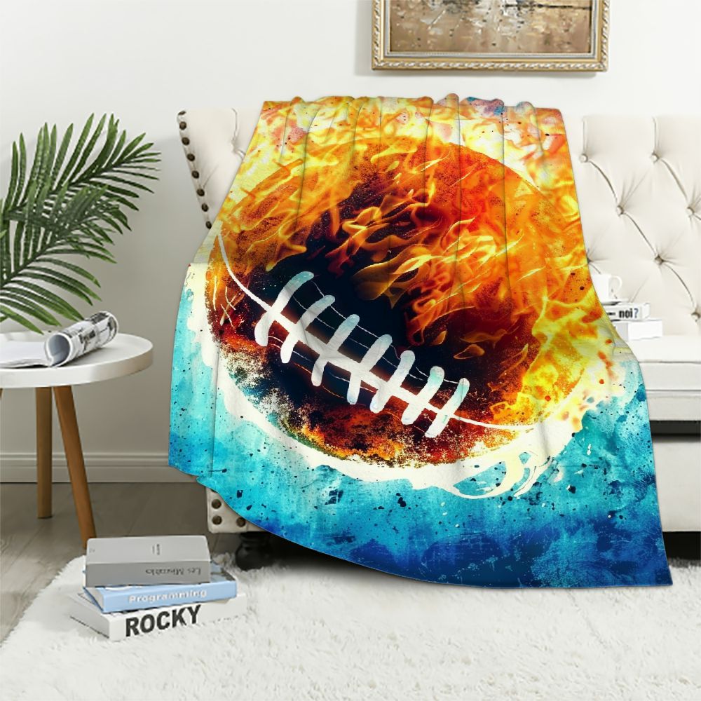 Nawypu Red and Blue Fire with Football Throw Blanket Flannel Fuzzy ...