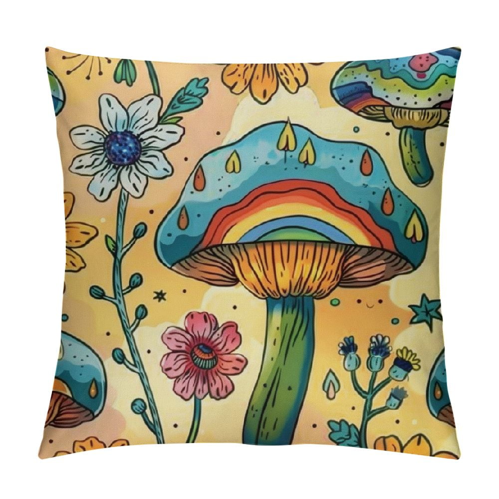 Nawypu Retro Boho Floral Pillow Covers Fun Throw Pillow Covers Mushroom ...
