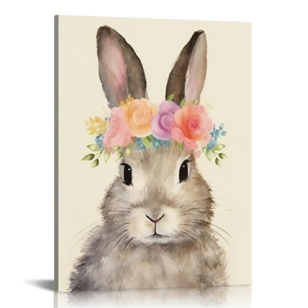 Nawypu Retro Bunny Rabbit Canvas Wall Art Country Animal Painting Cute Rabbit with Garland Wall ...