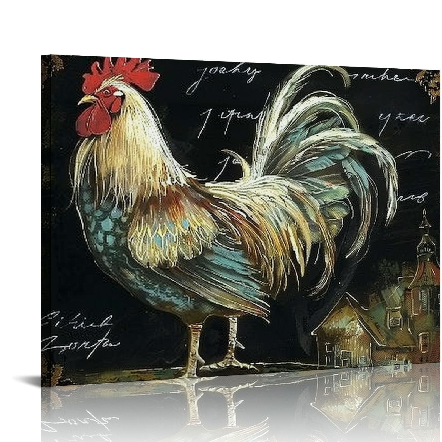 Nawypu Rooster on Black Black Float Frame Canvas Art, Rooster Artwork ...