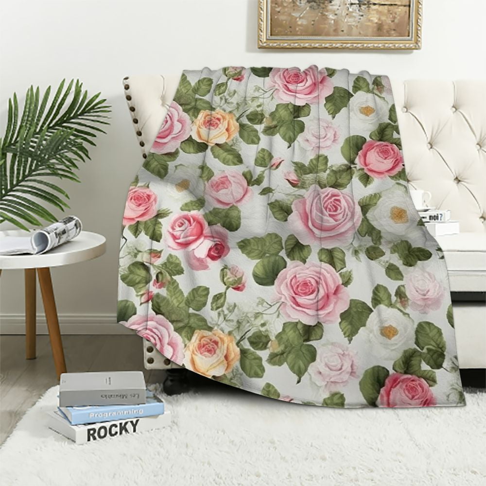 Nawypu Rose Throw Blanket, Pattern with Pink Roses Bouquet Leaves ...