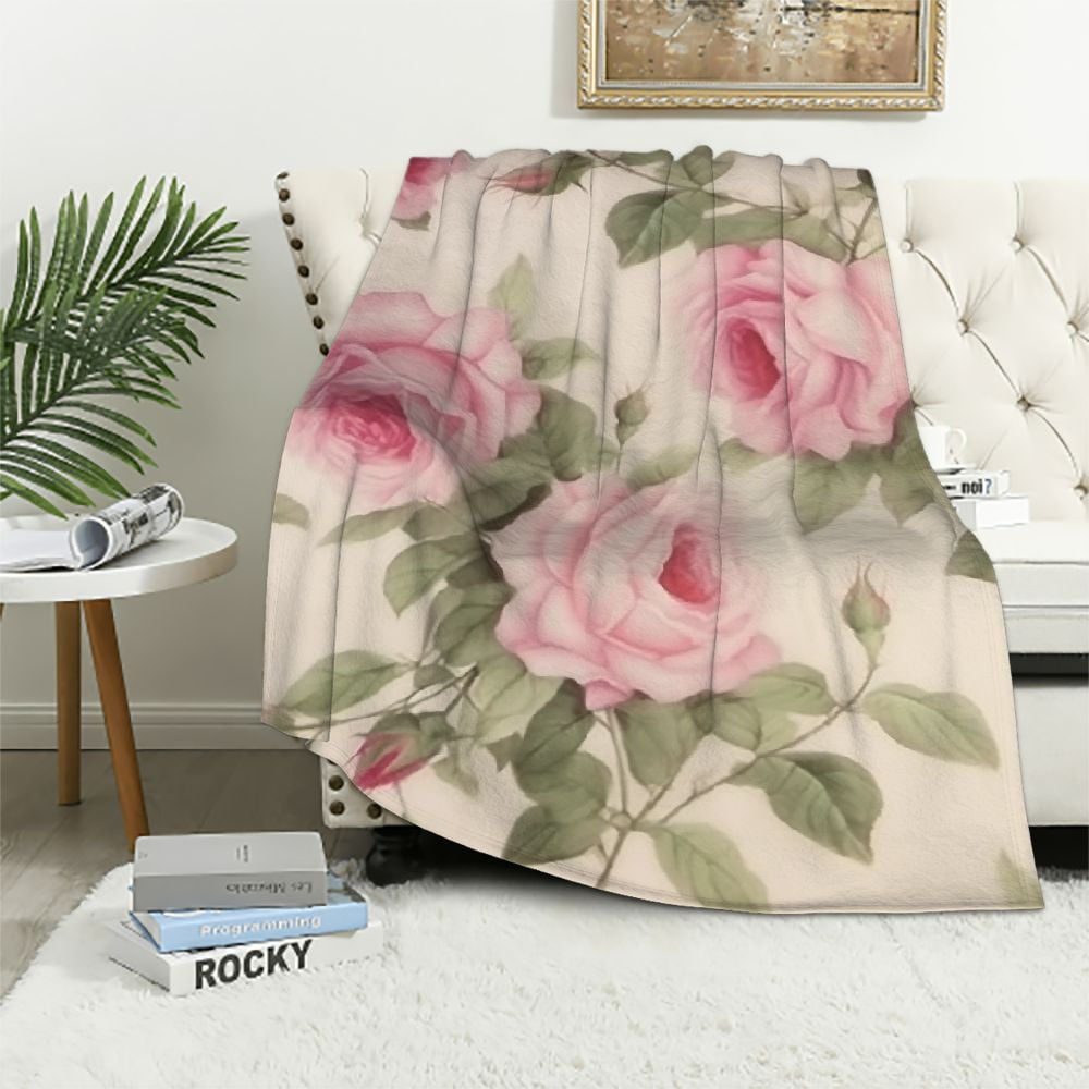 Nawypu Roses Plants Retro Flowers Red Pink Pattern Blanket Throw ...