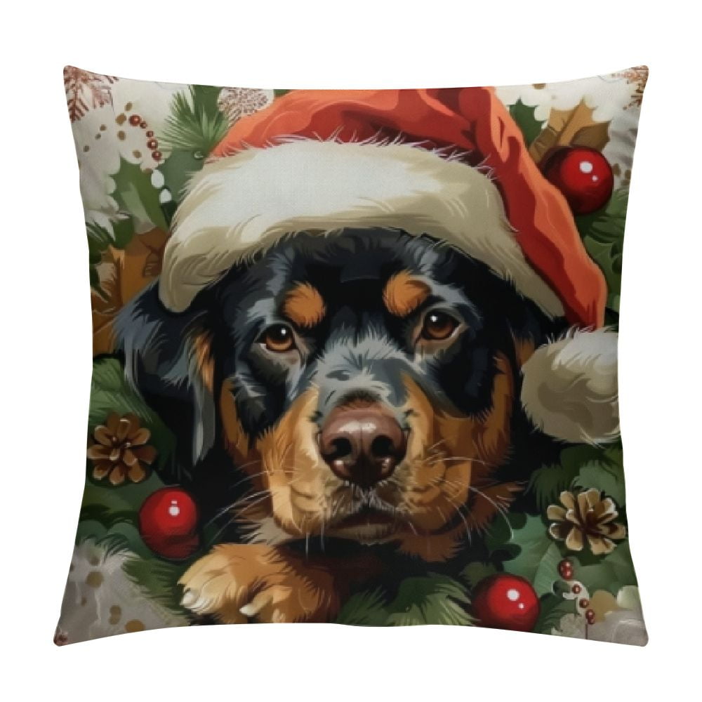 TIAOTIAOHOU Rottweiler Throw Pillow Cover Rottweiler with Santa Hat in ...
