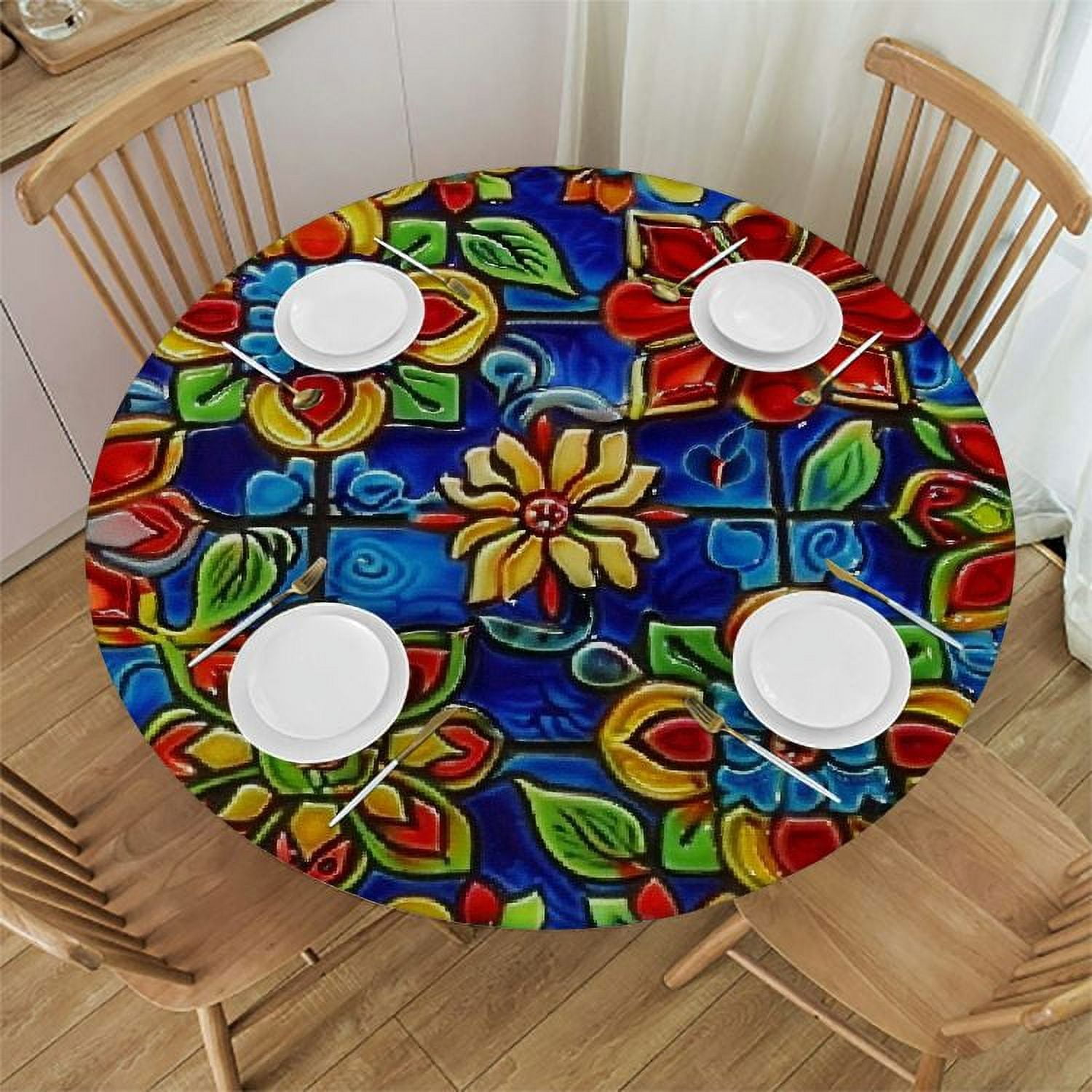Nawypu Round Elastic Table Cover , Mexican Talavera Table Cloth ...