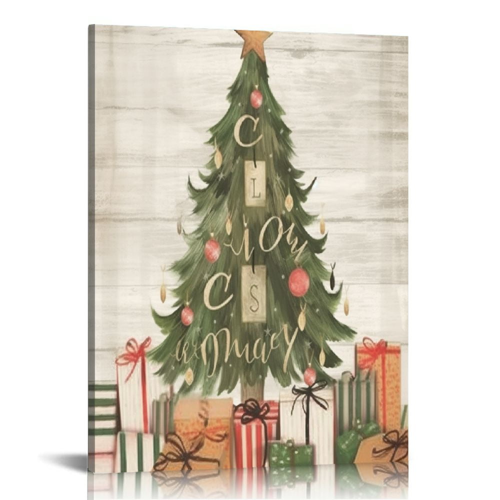 Nawypu Rustic Distressed Merry Christmas Tree Illustration Canvas ...