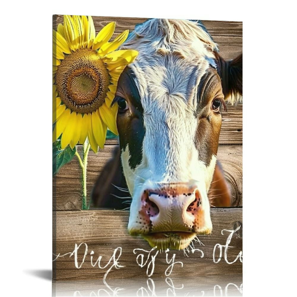 Nawypu Rustic Farm Cow Wall Art Inspirational Sunflower Cow Canvas ...