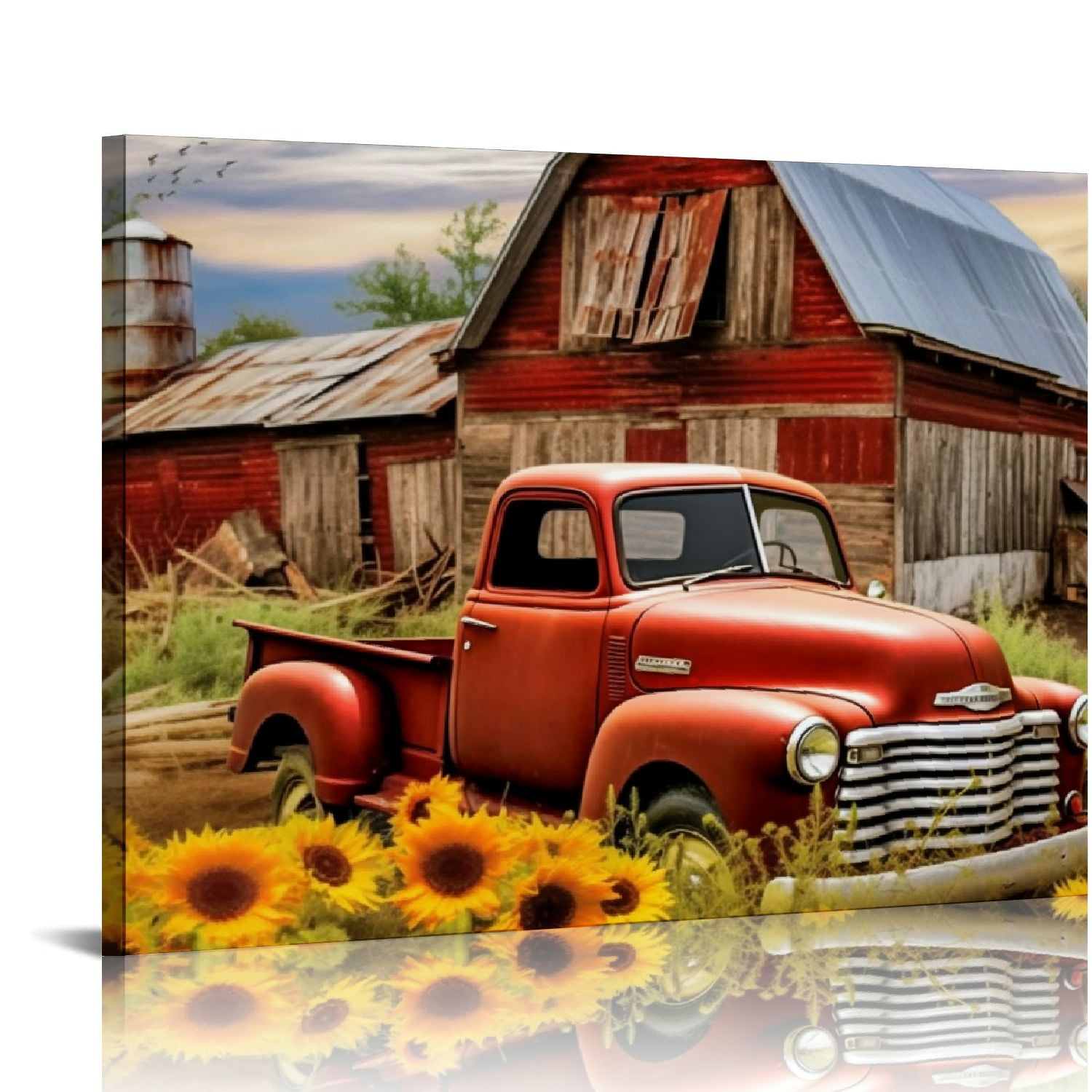 Nawypu Rustic Farmhouse Canvas Wall Art Old Car and Cattle with Barn ...