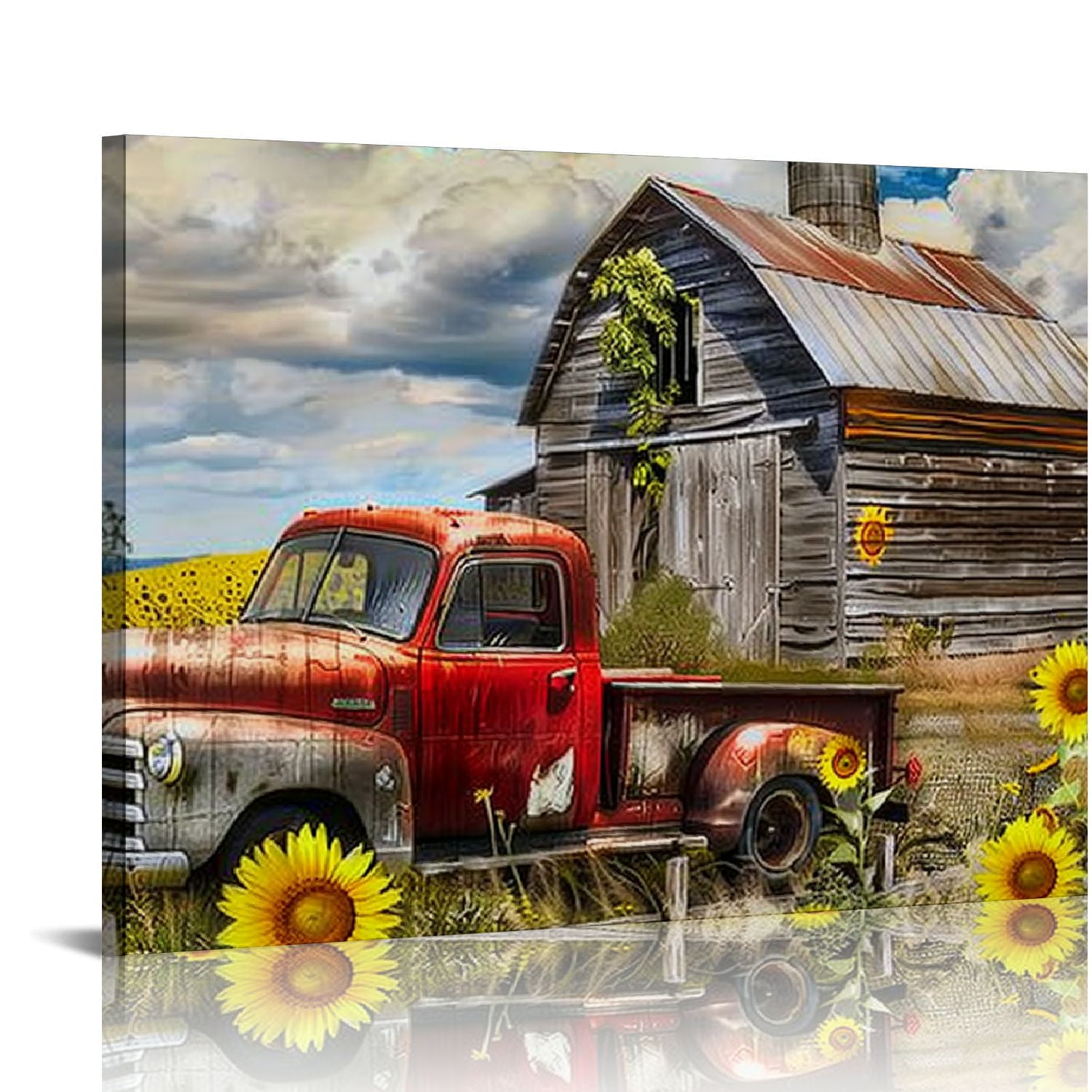 Nawypu Rustic Farmhouse Canvas Wall Art Old Car and Cattle with Barn ...