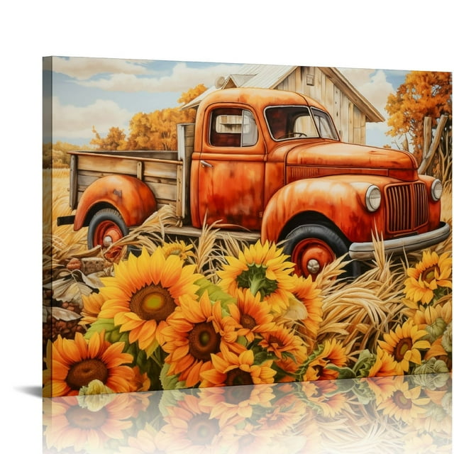 Nawypu Rustic Farmhouse Canvas Wall Art Old Car and Cattle with Barn ...