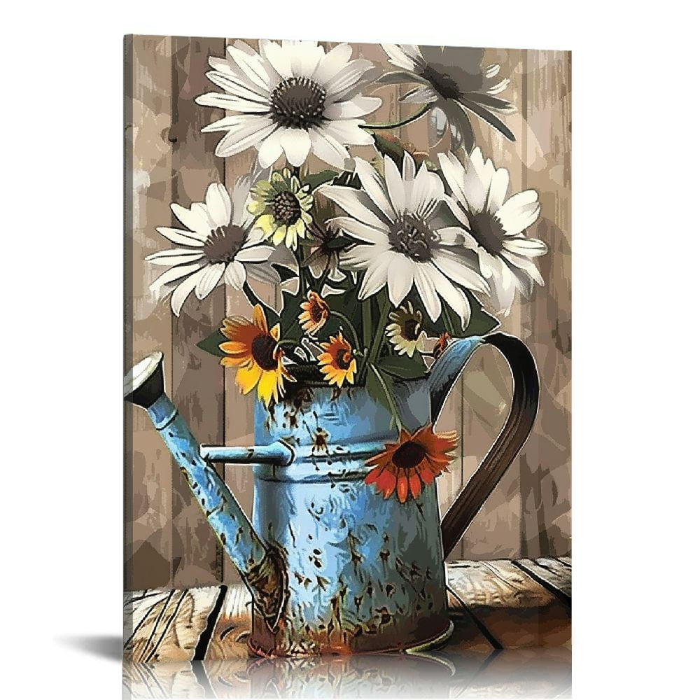 Nawypu Rustic Farmhouse Wall Art Vintage White Sunflower Painting Wall ...