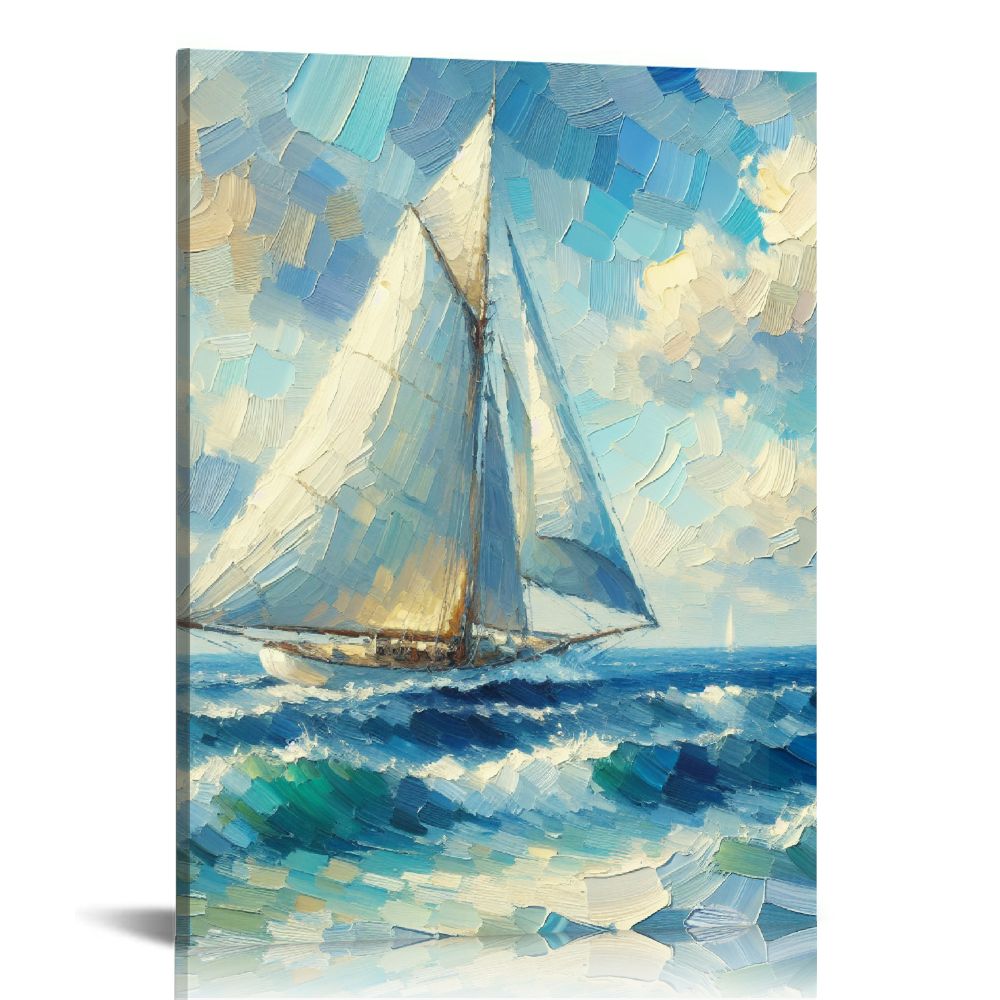 Nawypu Sailing Boat Canvas Wall Art - Blue Seaview Painting for Living ...