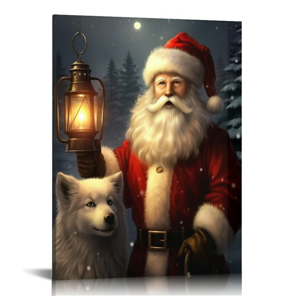 Nawypu Santa Claus Wall Art Santa with Dog Canvas Picture Christmas ...