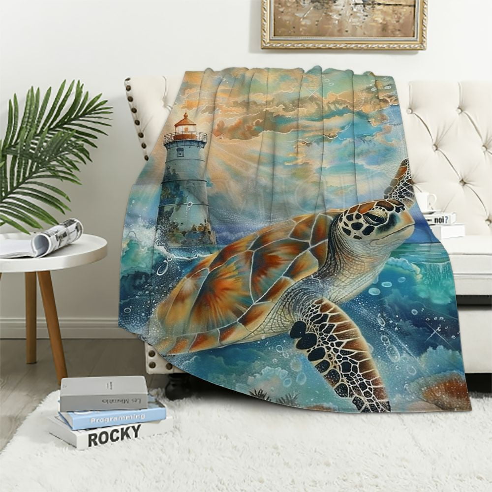 Nawypu Sea Turtle Blanket Nautical Lighthouse Throw Blanket Turtle ...