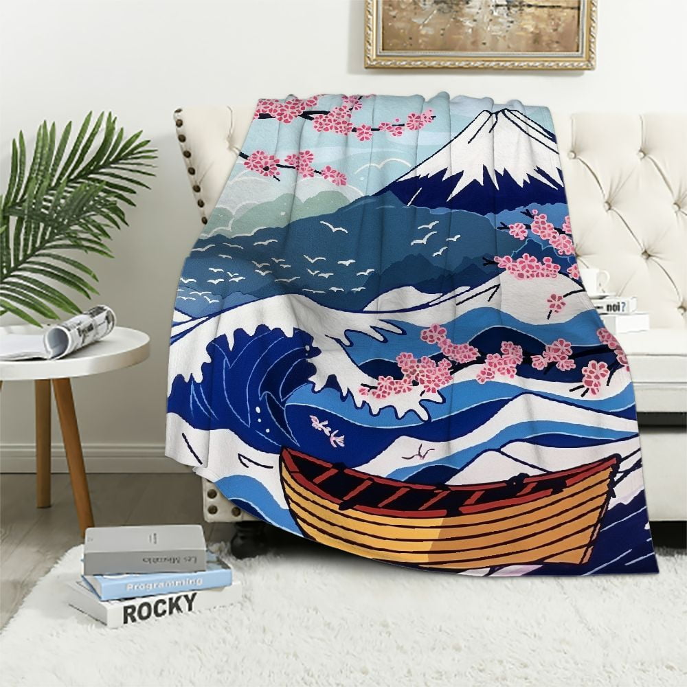 ONETECH Sea Wave Throw Blanket,Sakura Cherry Blossom Japanese Ukiyo-e ...