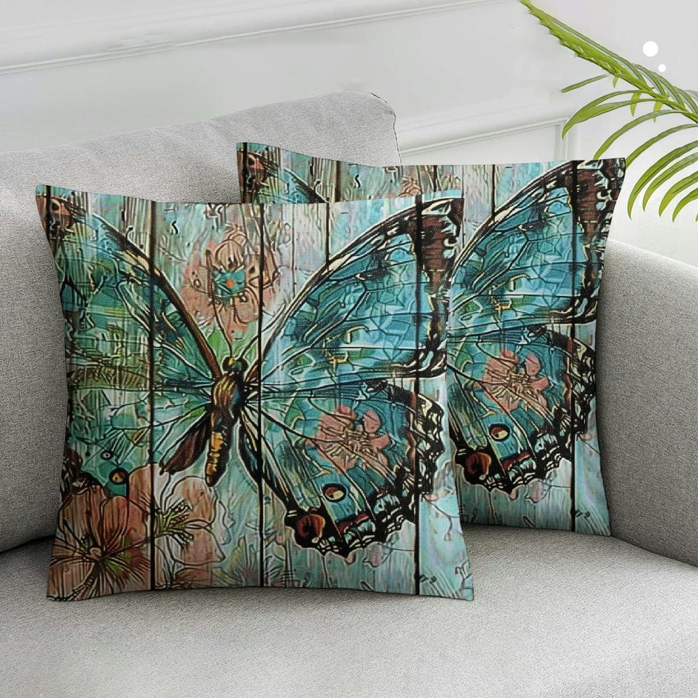 Nawypu Set of 2 Blue Butterfly Theme Throw Pillow Covers Wood Grain ...