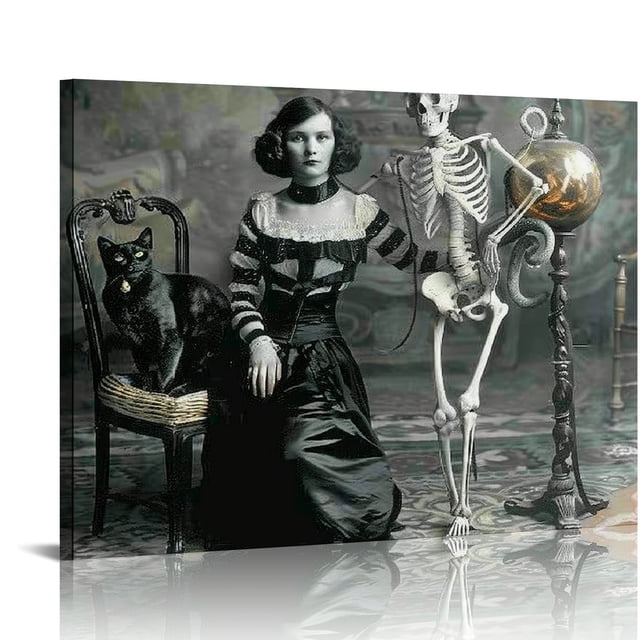 Awypu Skeleton Wall Art & Decor Black Cat Decor Vintage Goth Wall Art ...