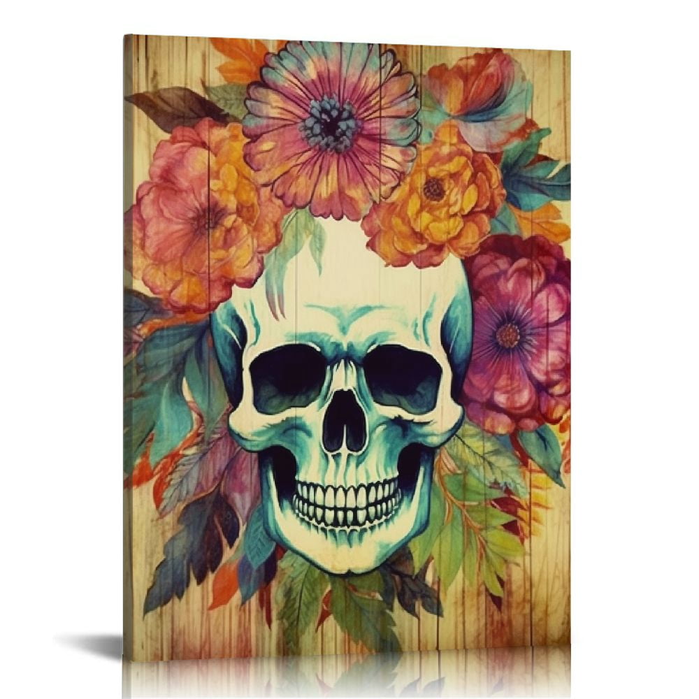 Nawypu Skull Canvas Wall Art Sugar Skull Painting Wall Decor Framed ...
