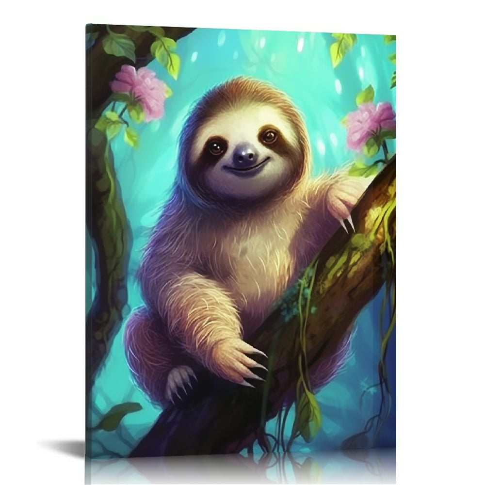 Nawypu Sloth Colorful Tree Wall Art Decor Canvas Painting Framed ...
