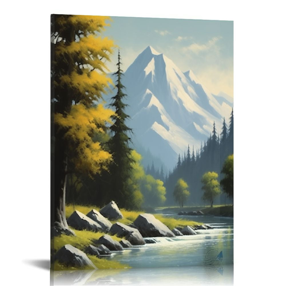 Nawypu Snow Mountain Wall Art Canvas Picture, Mountain and Trees Framed ...