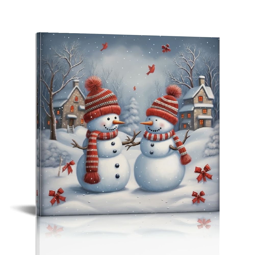 Nawypu Snowman Canvas Christmas Art Print, Two Cute Snowman Playing in ...
