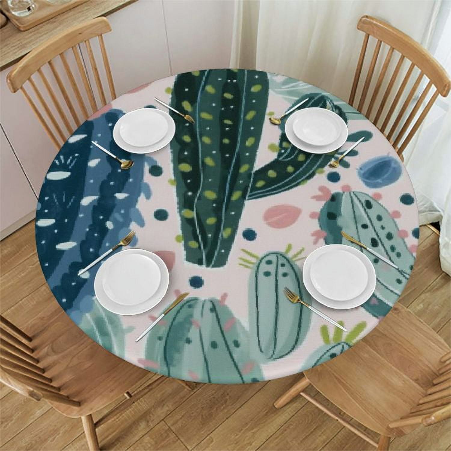 Nawypu Spring Cactus Drawn Round Tablecloth Waterproof Table Cloth with ...