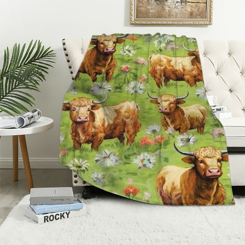 Nawypu Spring Floral Highland Cow Print Blanket, Highland Cow Decor ...
