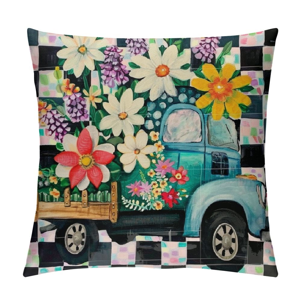 Nawypu Spring Pillow Covers Buffalo Plaid Tulip Flowers Truck Decor ...