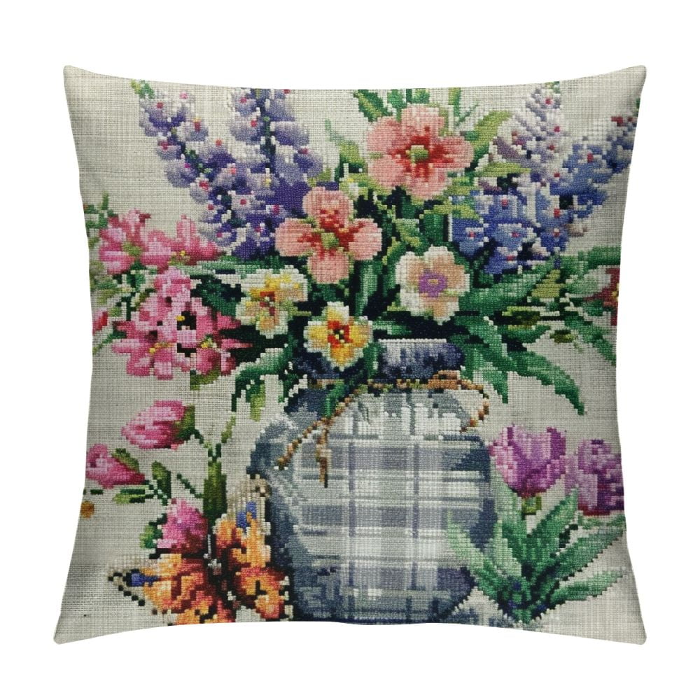Nawypu Spring Pillow Covers, Gray Buffalo Plaids Lavender Tulip Floral ...