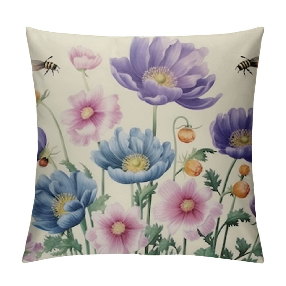 Nawypu Spring Pillow Covers Poppy Flowers Mason Jar Bee Purple Cushion ...