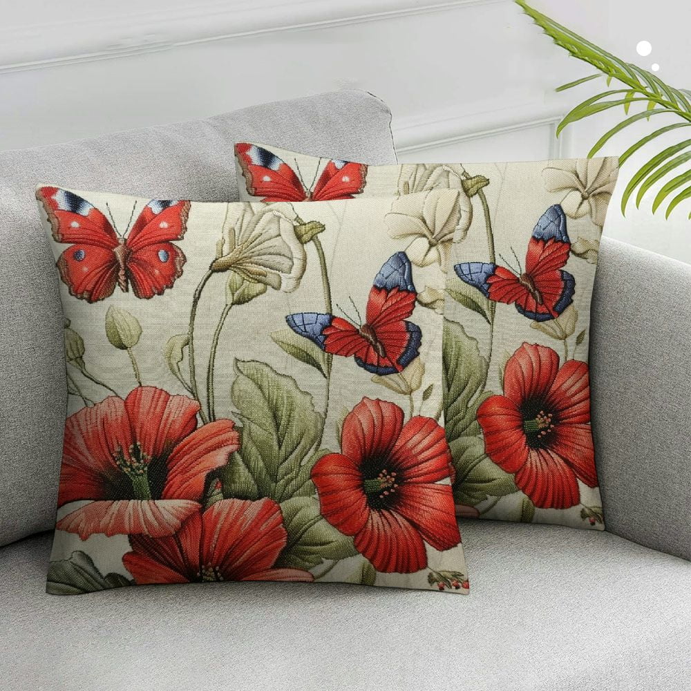 Nawypu Spring Summer Flower Pillow Covers Set of 2 Red Floral Butterfly ...