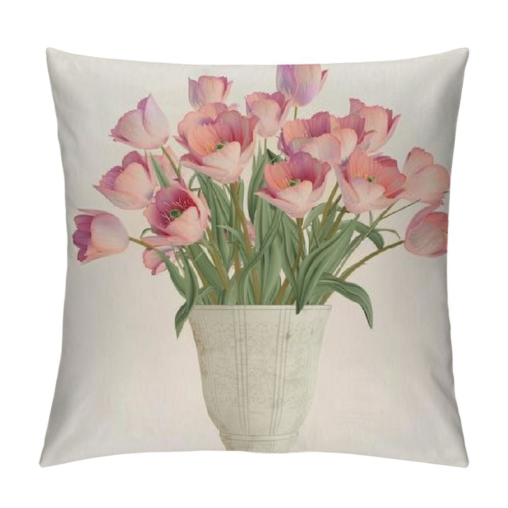 Nawypu Spring Tulips Throw Pillow Cover Farmhouse Pink Floral Bloom Vase Pillowcase Flowers ...