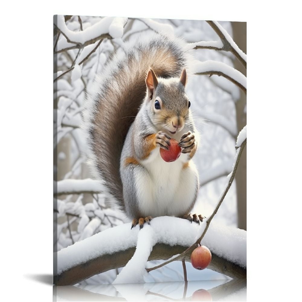 Nawypu Squirrel Canvas Wall Art Winter Snowy Trees with Wild Animals Picture Prints Nature ...