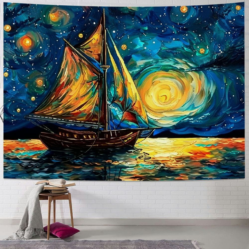 Nawypu Starry Night Tapestry Aesthetic Sailing Boat Tapestry Galaxy ...