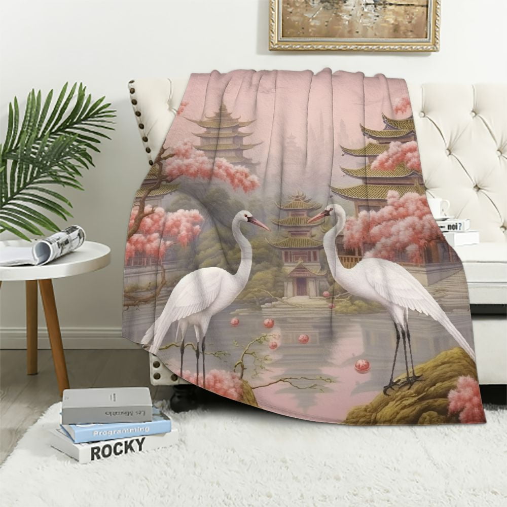 Nawypu Summer Throw Blanket Light Pink Pagoda and Cranes Soft Cozy ...