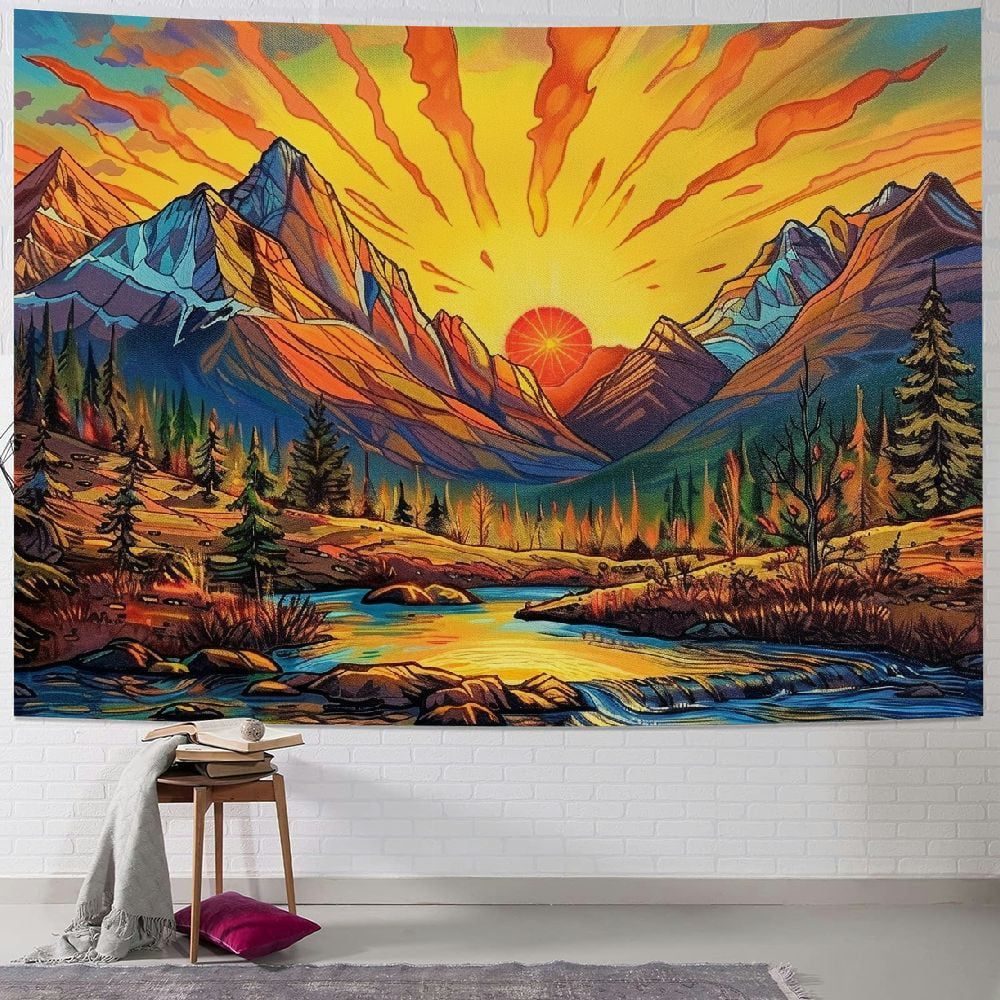 Nawypu Sun Mountain Tapestry Trippy Forest Tree Tapestry Vintage ...
