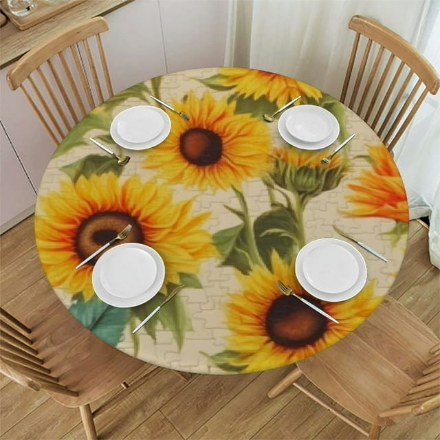 Nawypu Sunflower Round Fitted Tablecloth with Elastic Edge, Polyester ...