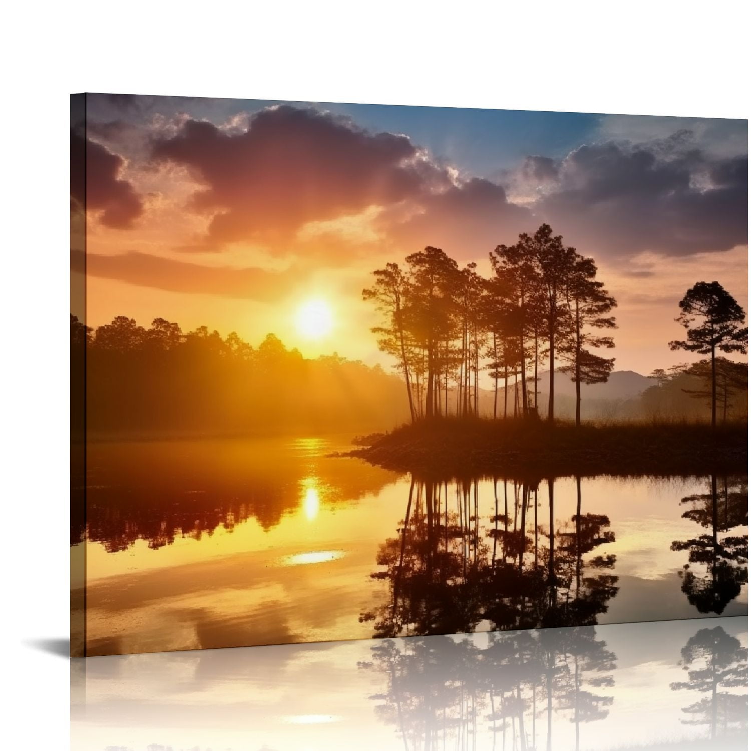 Nawypu Sunset Lakeside Canvas Wall Art: Nightfall Landscape Theme Lake ...