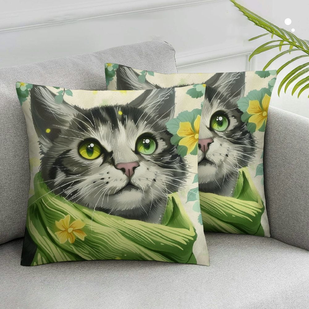 Nawypu Tabby Cat Pillow Covers Cute Kitty Kitten with Green Scarf ...