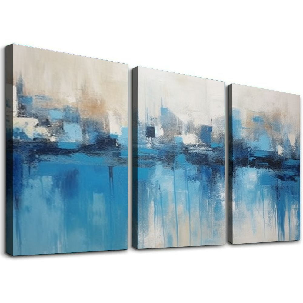 Nawypu Teal Abstract Wall Art Modern Blue Grey Picture Cityscape Indigo ...