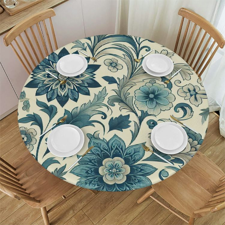 Nawypu Teal Botanical Round Tablecloth, Fitted Table Cover with Elastic ...