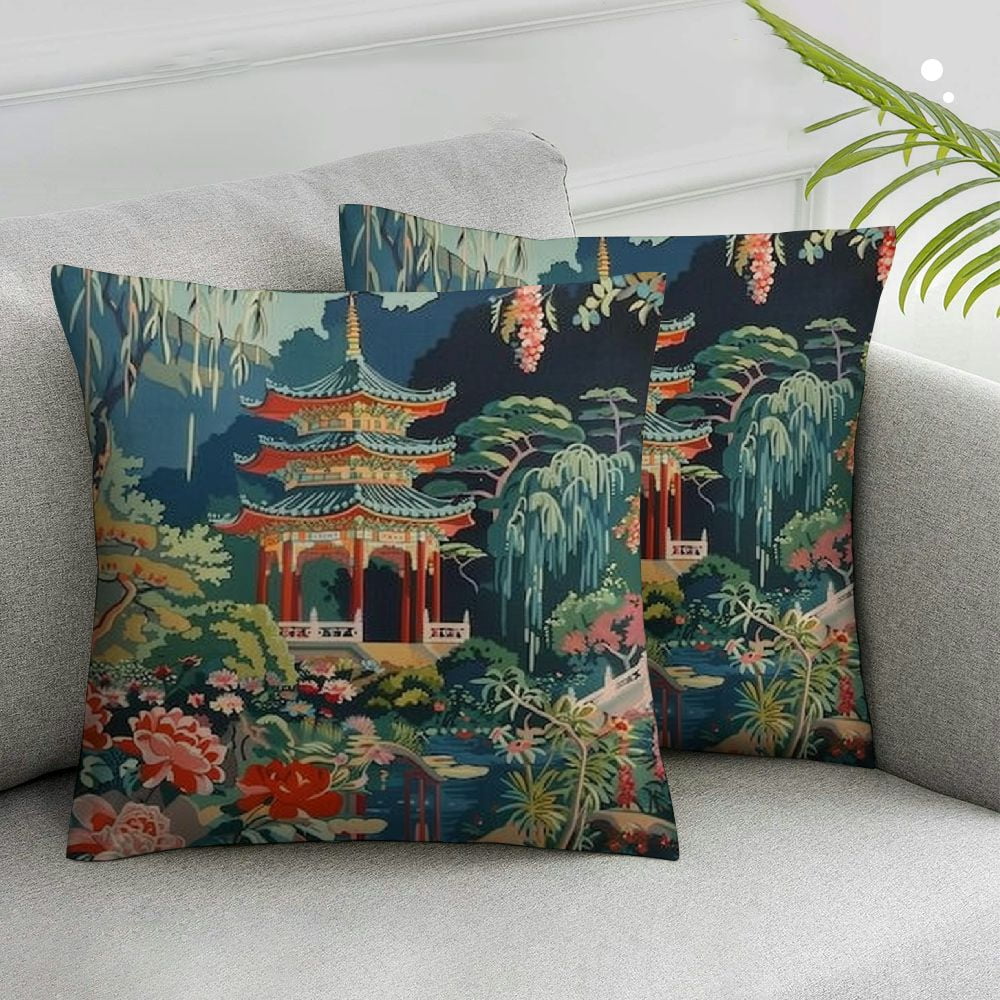 Nawypu Teal Pagoda And Flower Asian Style Farmhouse Sofa Pillow Cover