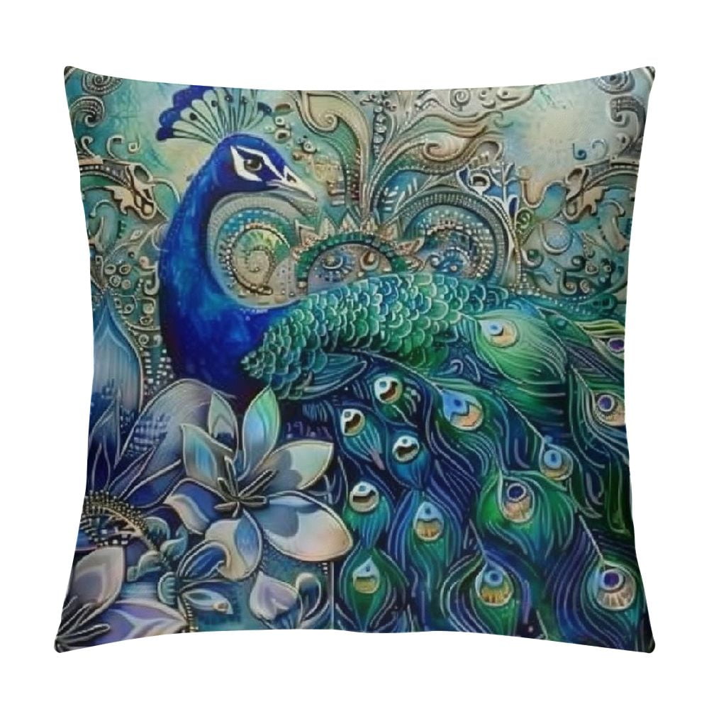 Nawypu Teal Peacock Throw Pillow Covers Set of Vintage Watercolor Blue ...