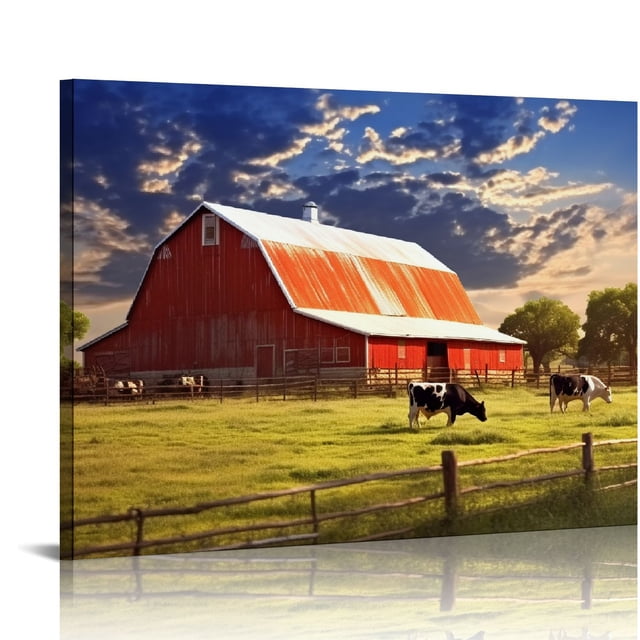 Nawypu Texas Landscape Canvas Wall Art Red Barn Pictures Grassland Cows ...