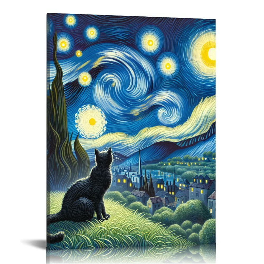 Nawypu The Starry Night Cat Canvas Wall Art Famous Black Cat Poster ...