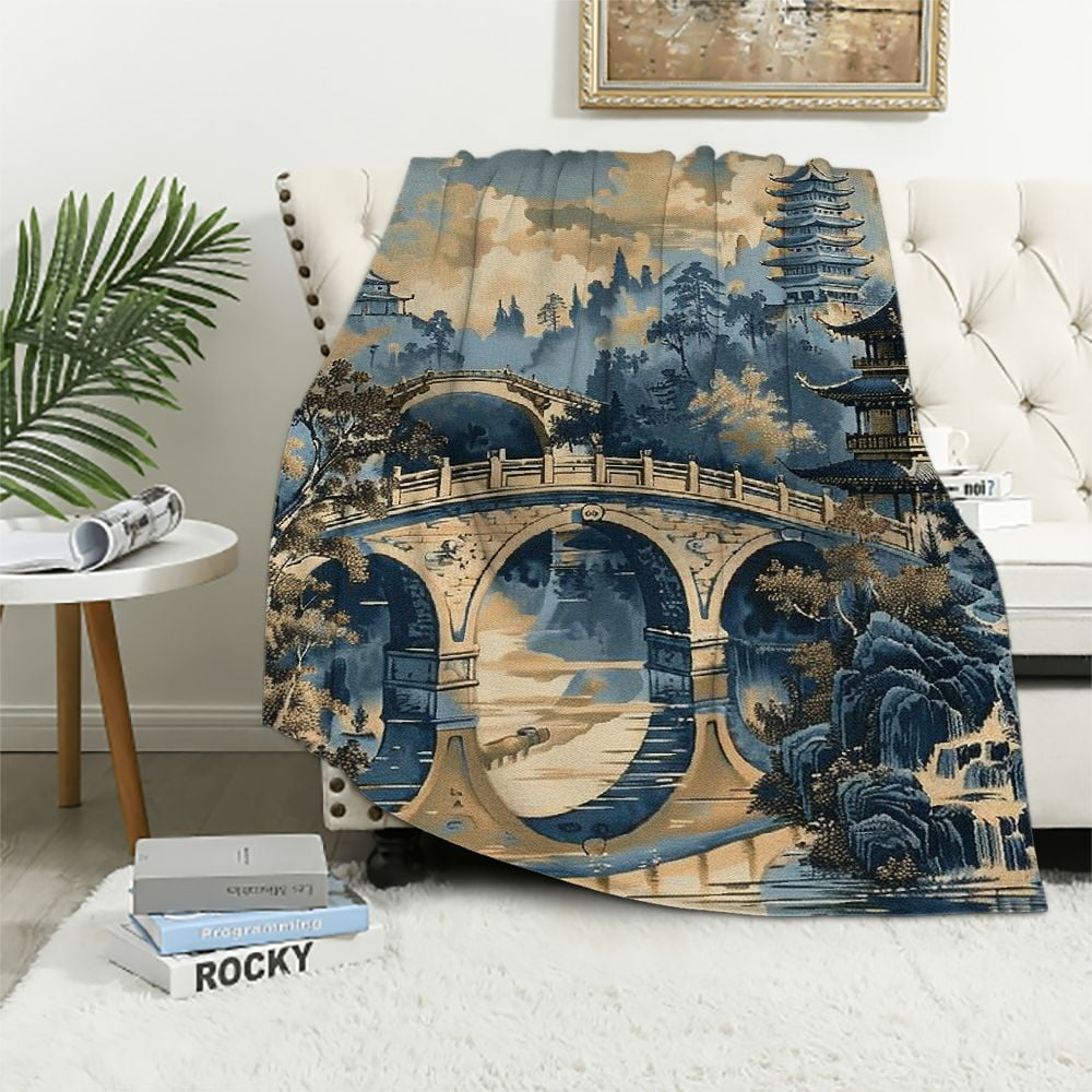 Awypu Thicken Throw Blankets Chinoiserie Blue and White Porcelain ...