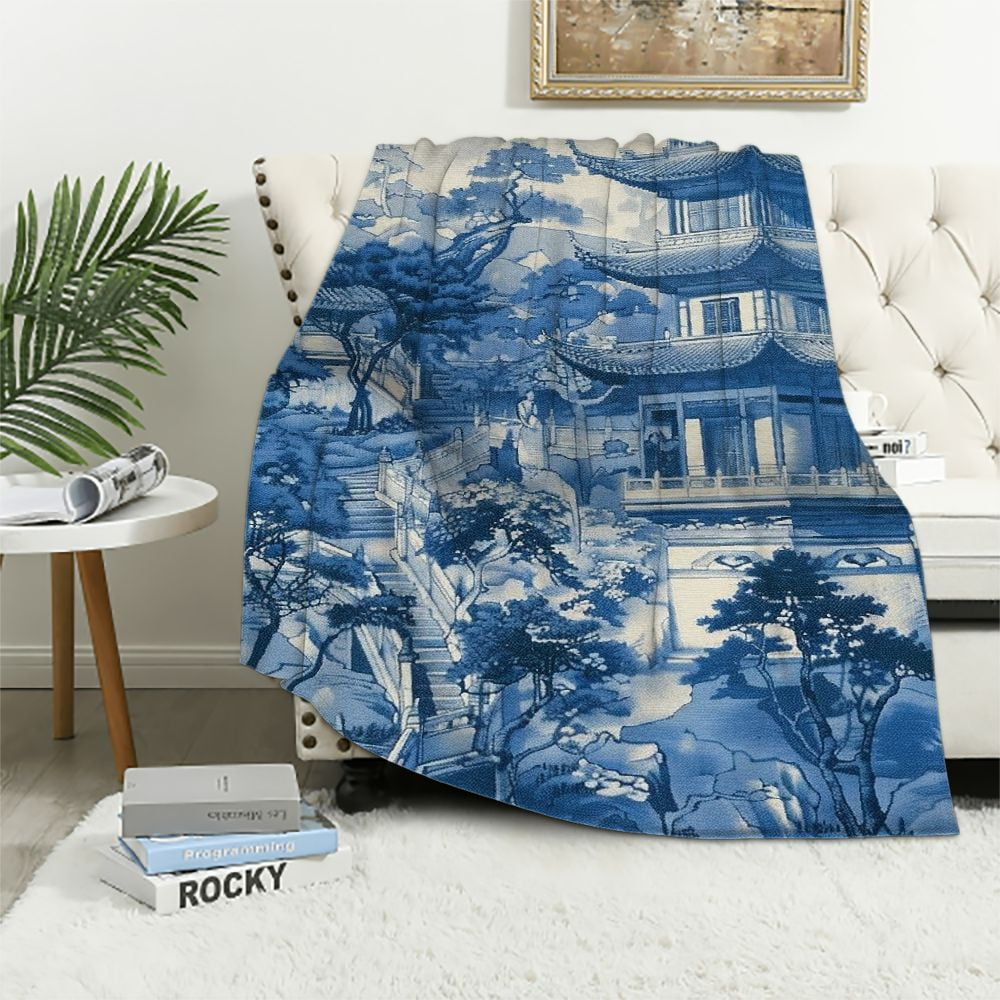 Nawypu Thicken Throw Blankets Chinoiserie Blue and White Porcelain ...