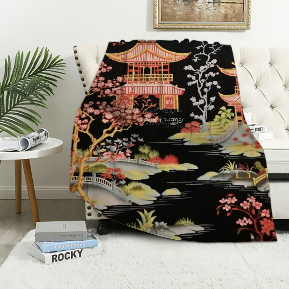 Nawypu Throw Blanket Charcoal Coral Pagoda Flannel Blanket Chic Asian ...
